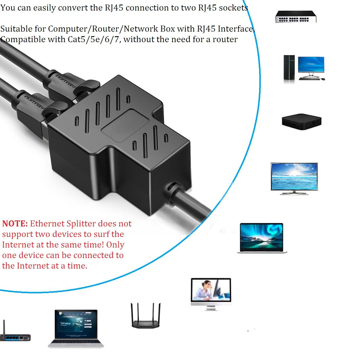 2Pack RJ45 Ethernet Splitter Cable Network Adapter 1 Male to 2 Female, Suitable Super Cat5, Cat5e, Cat6, Cat7 Connector LAN Ethernet Cables Internet Adapter, Black