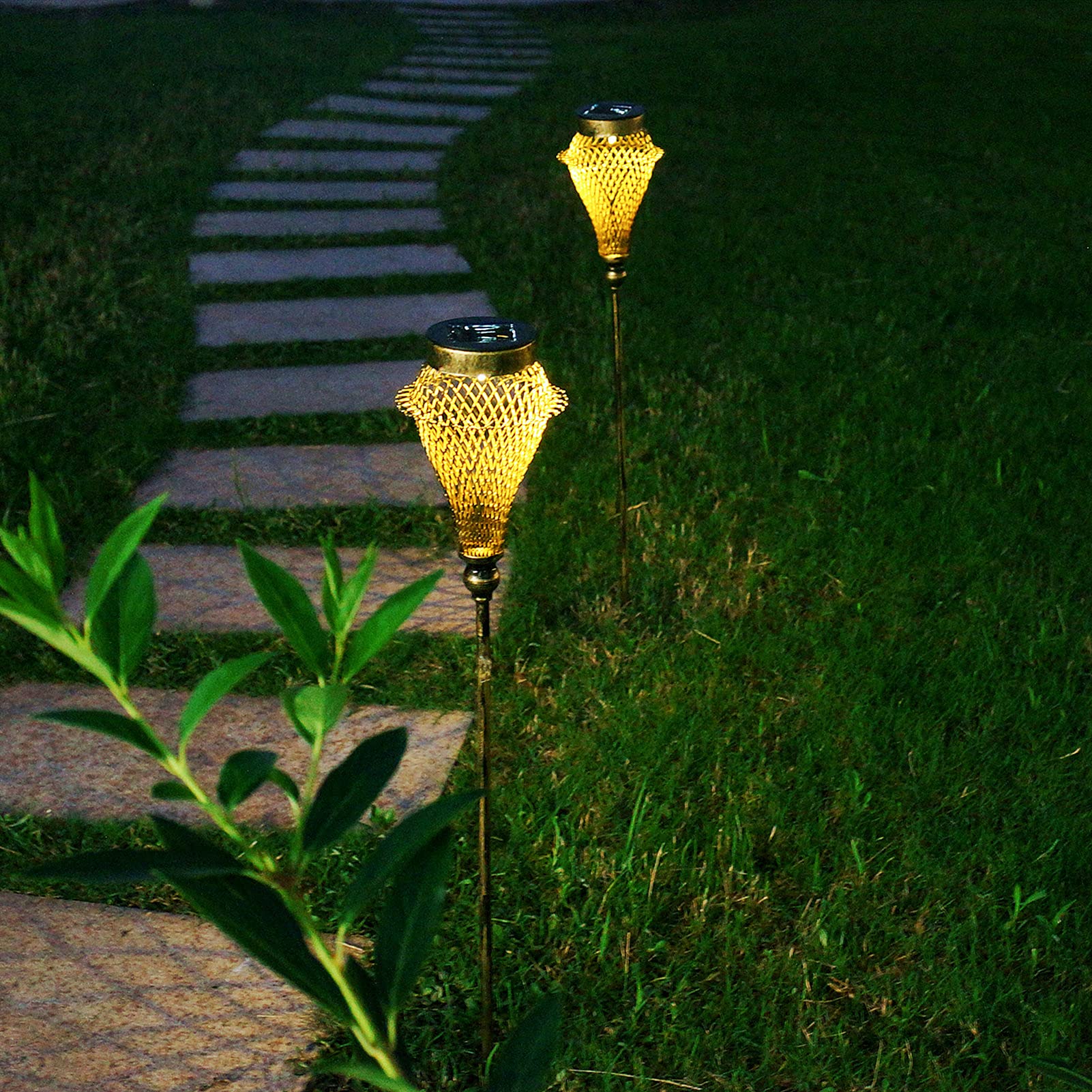 2Pack Solar Lights Outdoor Garden,Hanging Pathway Decor Light with Hollowout Retro Metal Waterproof Solar-Powered for Pool Party Porch Yard Patio Pond Wedding Christmas Decorations (pattern1)
