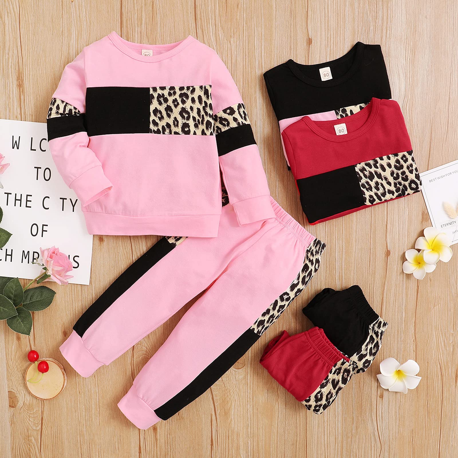 Tikoubabe Toddler Girl Clothes Baby Sweatshirt Leopard Fall Winter Outfits Long Sleeve Tops Pants Set 2 Pcs Pink 4-5 Years 120CM