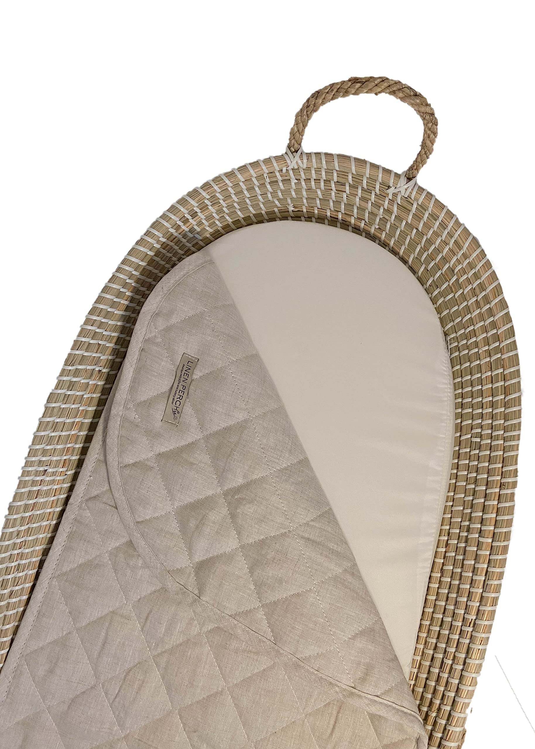 Baby Changing Basket with Pad - CPSC Safety Compliant - 100% Quilted Linen Cover Included - Nursery Changing Table Baskets - Baby Moses Basket Inspired - Diaper Changing Pad Set - 32”x16“x4“ (Linen)