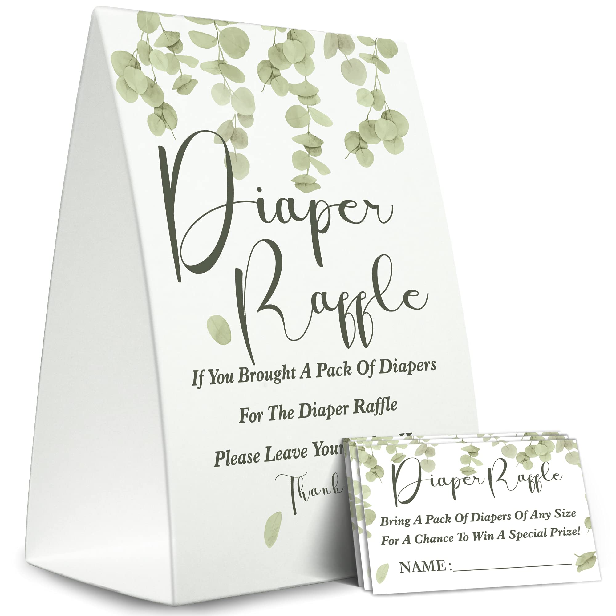 Diaper Raffle Sign,Diaper Raffle Baby Shower Game Kit (1 Standing Sign + 50 Guessing Cards),Greenery Insert Ticket,Baby Showers Decorations,Card for Baby Shower Game to Bring a Pack of Diapers-XN03