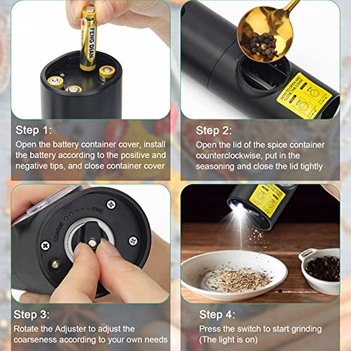 2 Pack-Electric Salt and Pepper Grinder Set, Coldairsoap Automatic Salt Pepper Mill Grinder with LED Light, Adjustable Coarseness, One-Hand Operation for Kitchen BBQ, Battery Operated Salt Grinder