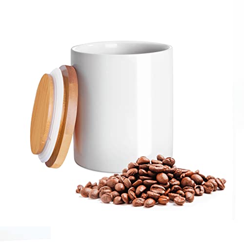 77L Food Storage Jar, 10.13 FL OZ (300 ML), Ceramic Food Storage Jar with Airtight Seal Bamboo Lid - Modern Design White Ceramic Food Storage Canister for Serving Tea, Coffee, Spice and More