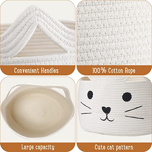 2 Pieces Large Cat Toy Basket Woven Cotton Rope Storage Basket Large Cute Cat Laundry Basket Organizer Animal Design Toy Storage Organizer Baby Hamper Cat Nursery Bins Boxes, White, Brown