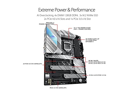 Asus ROG Strix Z590-A Gaming WiFi II LGA1200(Intel 11th/10thGen)ATX WhiteScheme Gaming Motherboard (14+2PowerStages,DDR4 5133,WiFi6 AX201,Intel2.5Gb LAN,Thunderbolt4,3x M.2/NVMe SSD, AURARGB lighting)