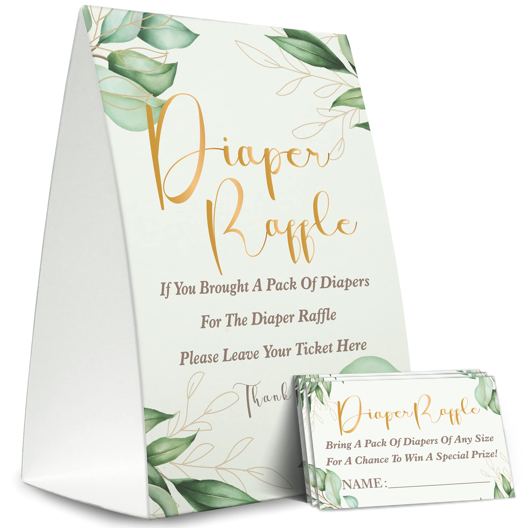 Diaper Raffle Sign,Diaper Raffle Baby Shower Game Kit (1 Standing Sign + 50 Guessing Cards),Greenery Insert Ticket,Baby Showers Decorations,Card for Baby Shower Game to Bring a Pack of Diapers-XN33