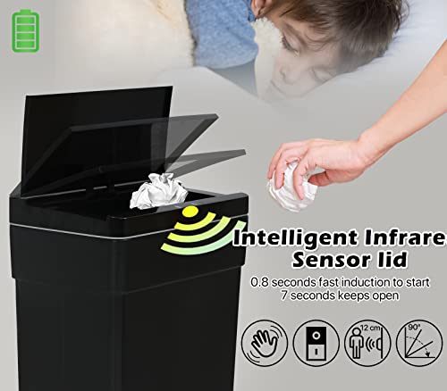 13 Gallon Trash Can Automatic Touch-free Kitchen Garbage Can, Plastic Large Capacity Bathroom Rubbish Can with Lid and Motion Sensor, Smart Trash Can Waste Bin for living Room Office Narrow Space, Black