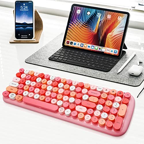 MOFII Bluetooth Wireless Keyboard for iPad, Laptop, PC, Mac, Smartphone, Connect 3 Bluetooth Devices, Cute Colorful Round Keys Retro Aesthetic Keyboard - Pink