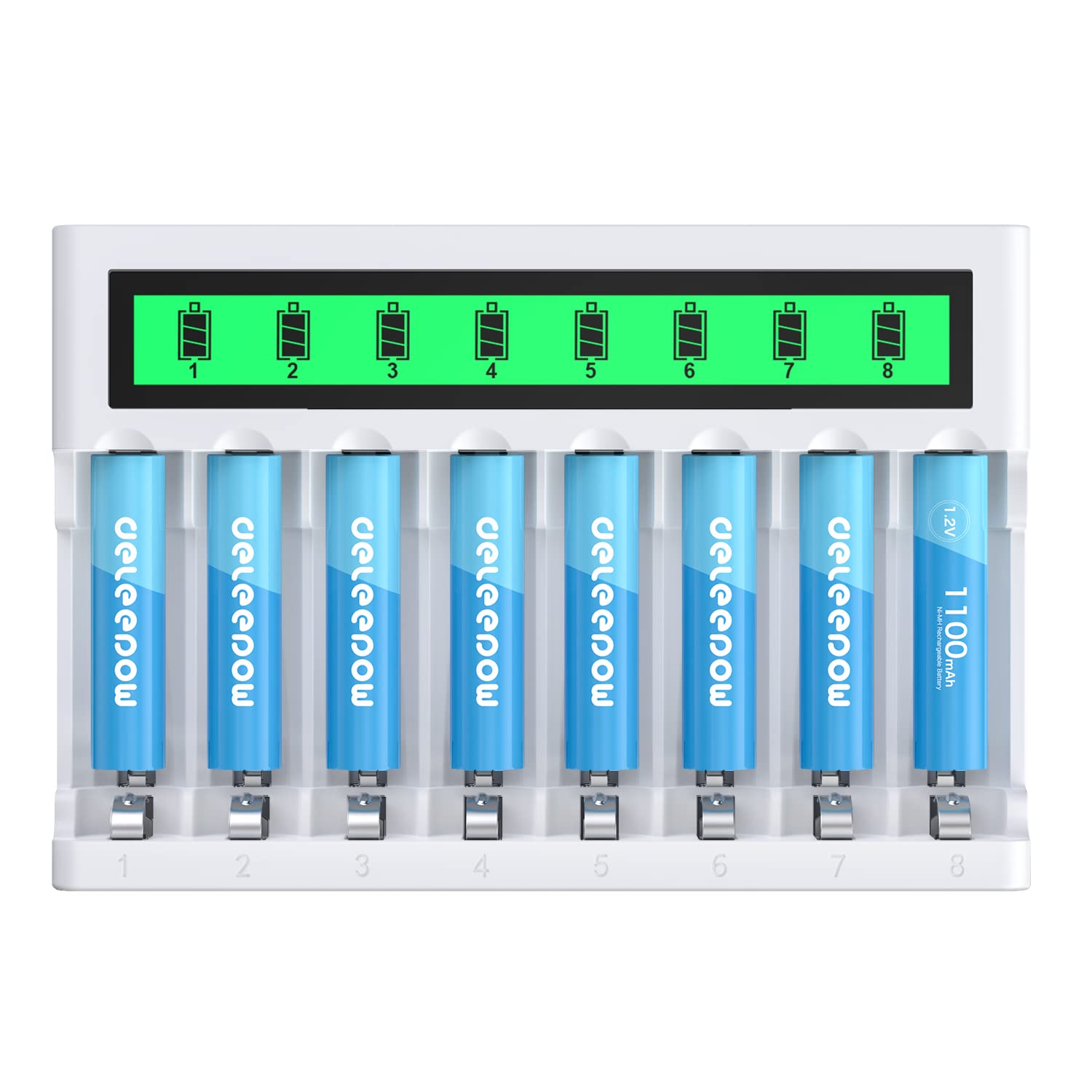 Deleepow AAA Batteries Rechargeable 1100mAh Nimh AAA Rechargeable Batteries 8-Pack 1.2V 1200 Cycles with USB-C and Micro USB 2 Charge Port LCD Charger