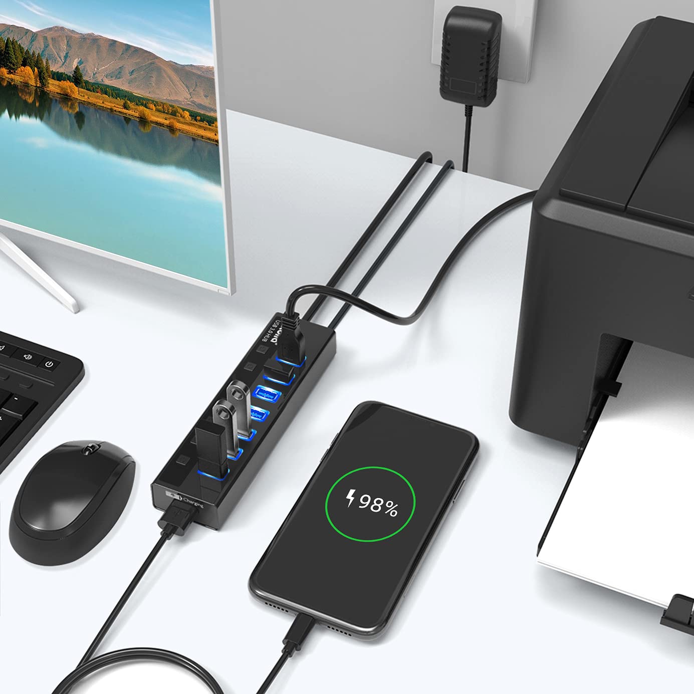 atolla Powered USB 3.0 Hub, 7 Ports USB Data Hub Splitter Plus 1 Smart Charging Port USB Extension Including Individual Switches and 5V/4A Power Adapter