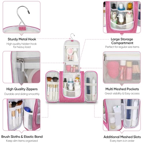 BALEINE Toiletry Bag for Women and Men, Water-Resistance Cosmetic Bags Makeup Organizer for Toiletries with Hanging Hook (Large, Pink)
