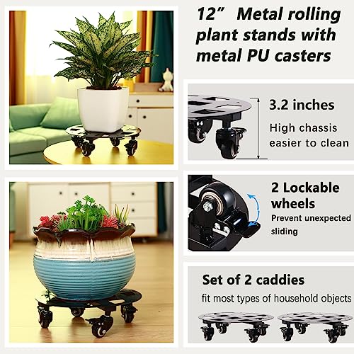 2 Packs Metal Plant Caddy with Wheels 12β Heavy-Duty Wrought Iron Rolling Plant Stands with Casters Indoor and Outdoor Plant Pot Roller Base Plant Saucer Movers Black, Strong Load Capacity