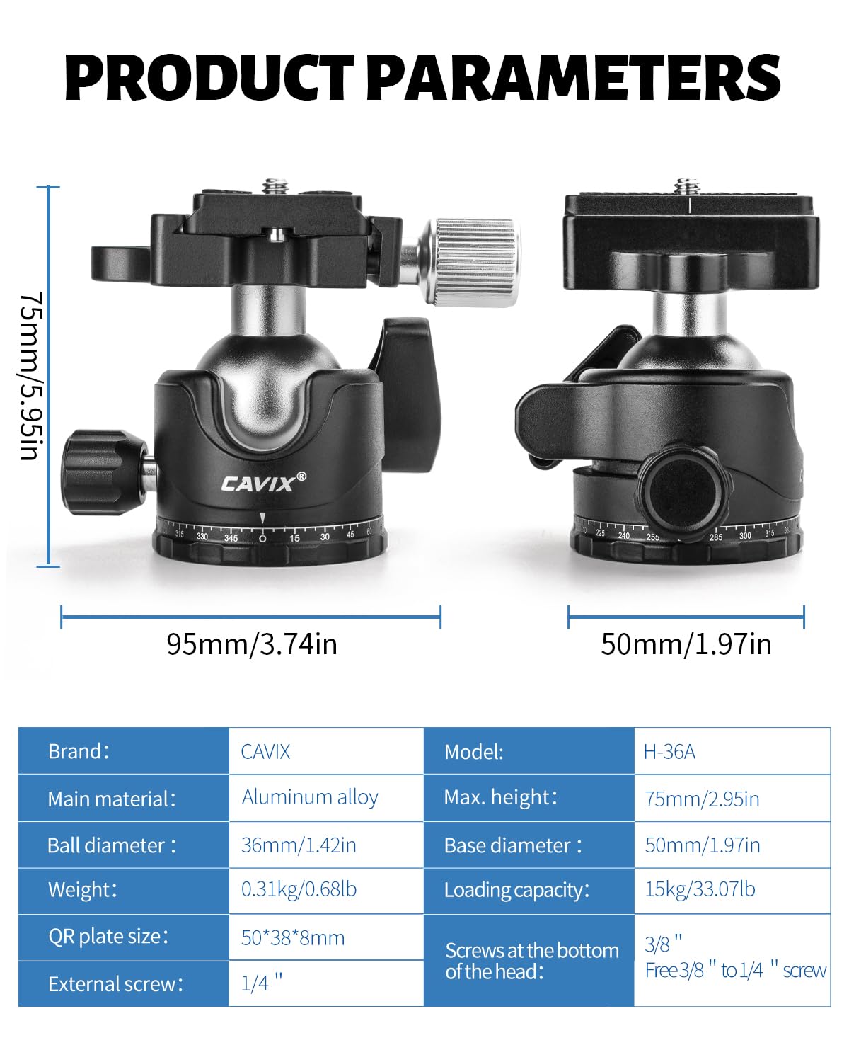 Ball Head Mount, CAVIX 36mm Ball Head Camera Tripod Head with 1/4β Arca Swiss Quick Release Plate for Tripod, Monopod, DSLR, Camera,Load 33lb/15kg