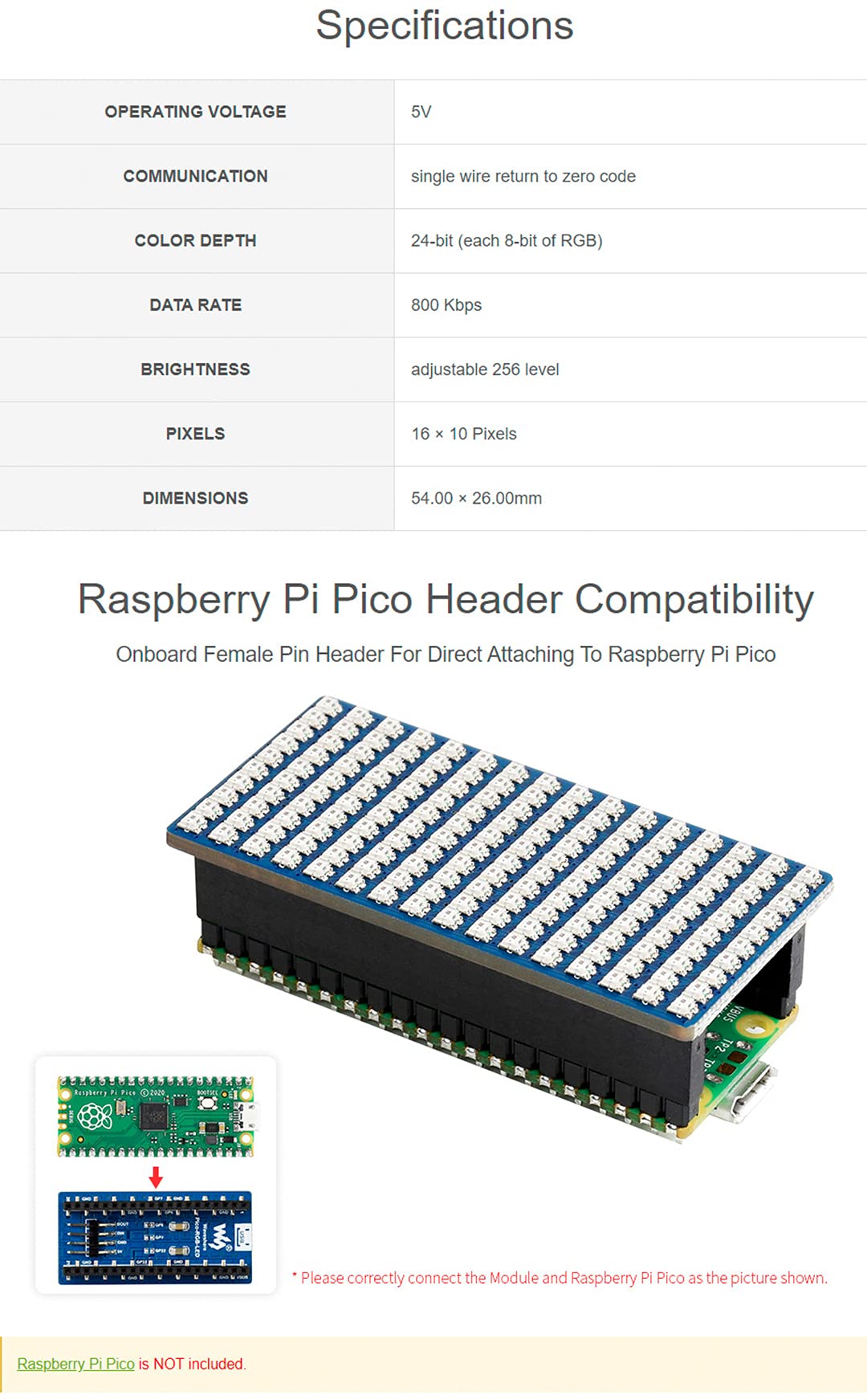 RGB Full-Color LED Matrix Module for Raspberry Pi Pico, 16×10 Grid,with Embedded Controller IC and LED Chip,Programmed and Controlled by Pico,High Standard and Colorful Dot Matrix Visual Effects