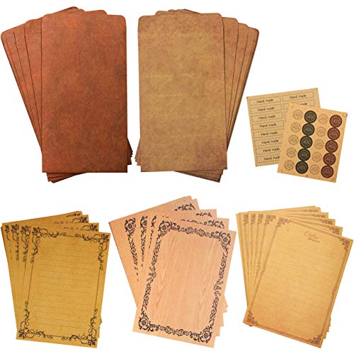 ADVcer Vintage Stationary Paper and Kraft Envelopes Set with Seal Stickers, 72pcs 3 Patterns 8.3x5.7" Writing Stationery Paper + 20pcs 2 Colors 7.9 x 4.7" Letter Envelope + 36pcs 2 Styles Rustic Seals