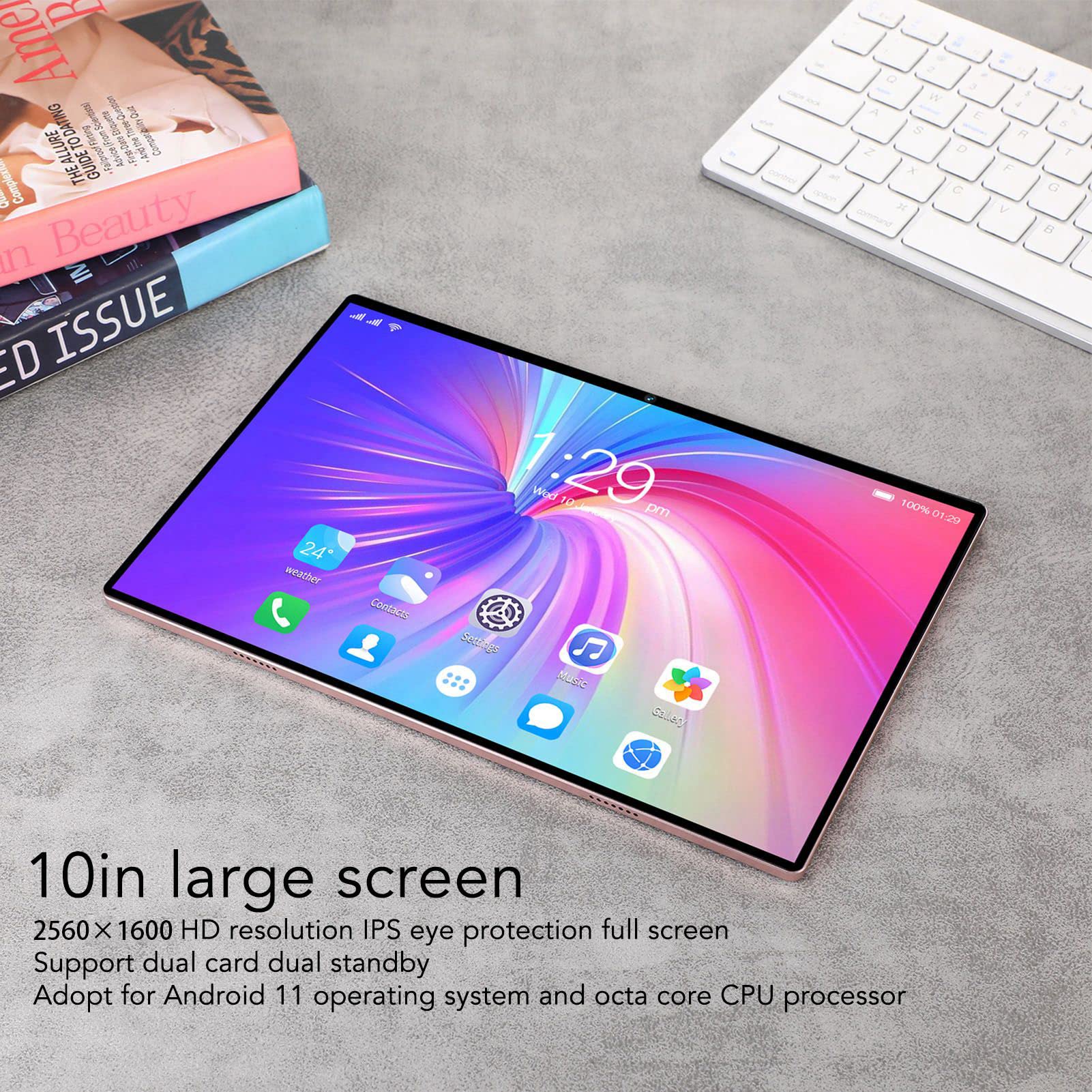 10in HD Tablet, Gold 4G Call 6GB 128GB RAM Front 800w Rear 2000w 2560x1600 Portable Tablet, Support, IPS Full HD Display WiFi Tablet