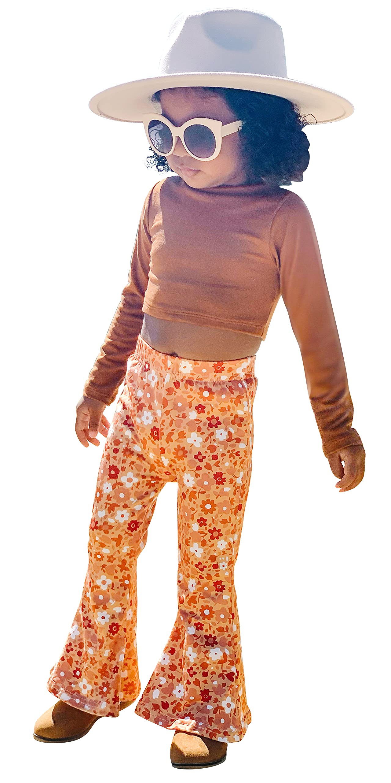 Daisy Del Sol Little Girls Boho Bell Bottom Stretch Legging Flared Soft Yoga Pants Toddler Childrens Kids 2T-8 Years (Gold Floral, 2T)