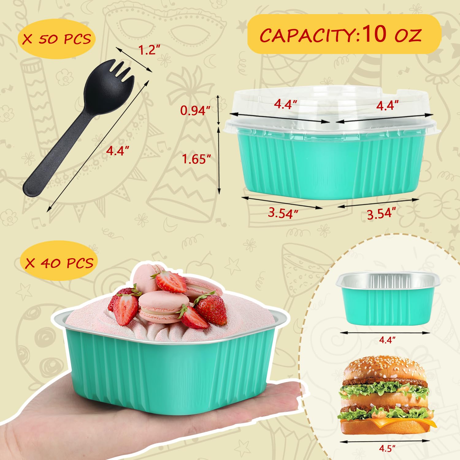 10oz Aluminum Brownie Pans 40 Pack,LNYZQUS Square 4βX4β Disposable Ramekins Cupcake Liners With Lids,Mini Cake Baking Pans,Large Muffin Tin Holders For Catering Gathering-Cyan Blue