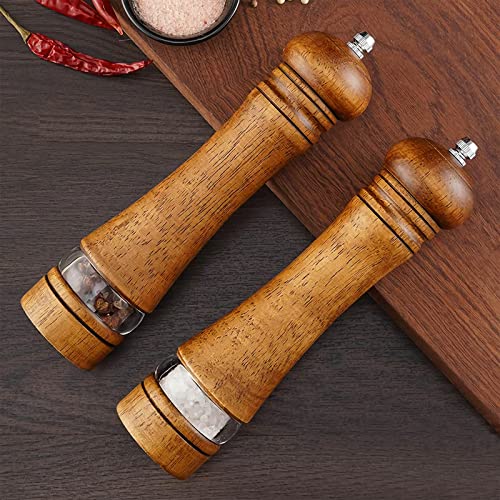 2-Piece Salt and Pepper Grinder Set, 8 Inch Wooden Salt and Pepper Mills with Adjustable Coarseness, Refillable Manual Pepper Mill Grinder for Home Cooks (Brown)