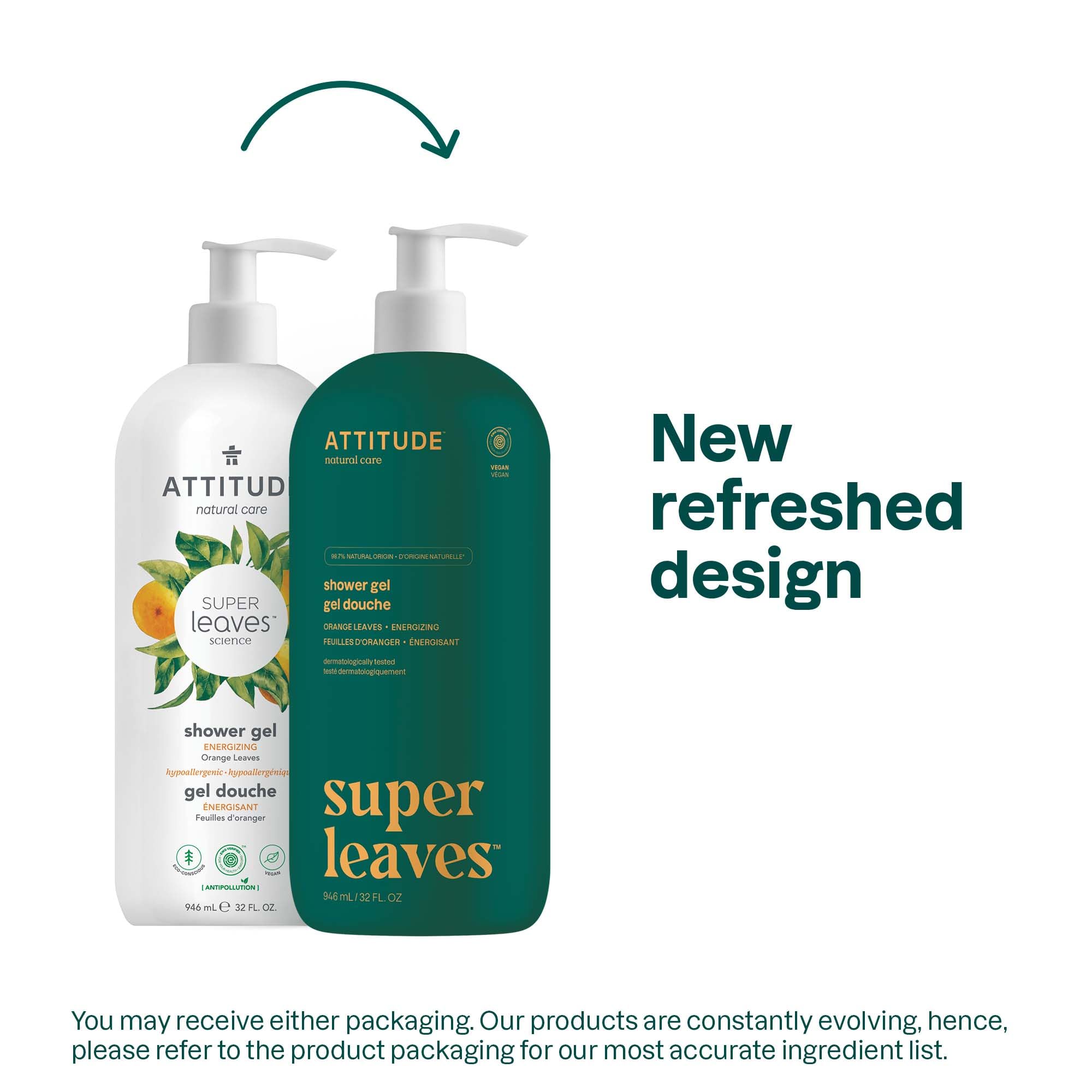 ATTITUDE Body Wash, EWG Verified Shower Gel, Dermatologically Tested, Plant and Mineral-Based, Vegan Personal Care Products, Orange Leaves, 32 Fl Oz