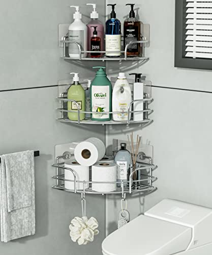 3 Pack Corner Shower Caddy: Stainless Steel No-drilling Bathroom Organizer for All 90° Corners- Installed in Minutes, Heavy Duty Shower Shelves for Storage- 6 Metal Hooks with Caps, 2 Extra Adhesives