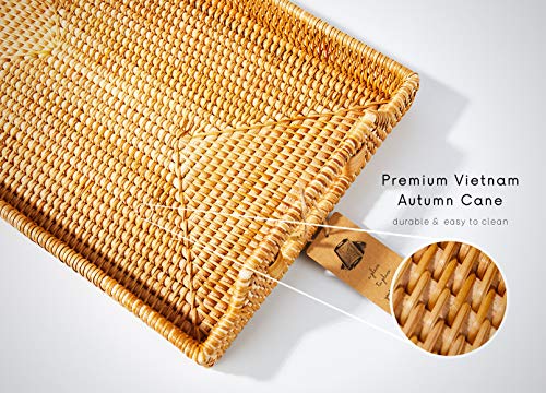 Large Rattan Tray with Rattan Coasters - Premium Flat Rectangular Serving Tray with Handles, Wicker Basket Tray 17''x11.4''x2'' Hand Woven Decorative Bed Tray for Coffee Table, Boho Tray by LYSCO