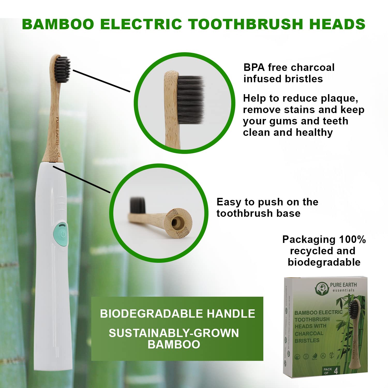 Bamboo Electric Toothbrush Replacement Heads - Compatible with Philips Sonicare Toothbrush - Soft Bristle Natural Charcoal Toothbrush Heads Refill - (Pack of 4) by Pure Earth Essentials