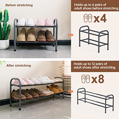 2-Tier Expandable Shoe Rack,Adjustable Shoe Shelf Storage Organizer Heavy Duty Metal Free Standing Shoe Rack for Entryway Closet Doorway (Gray)