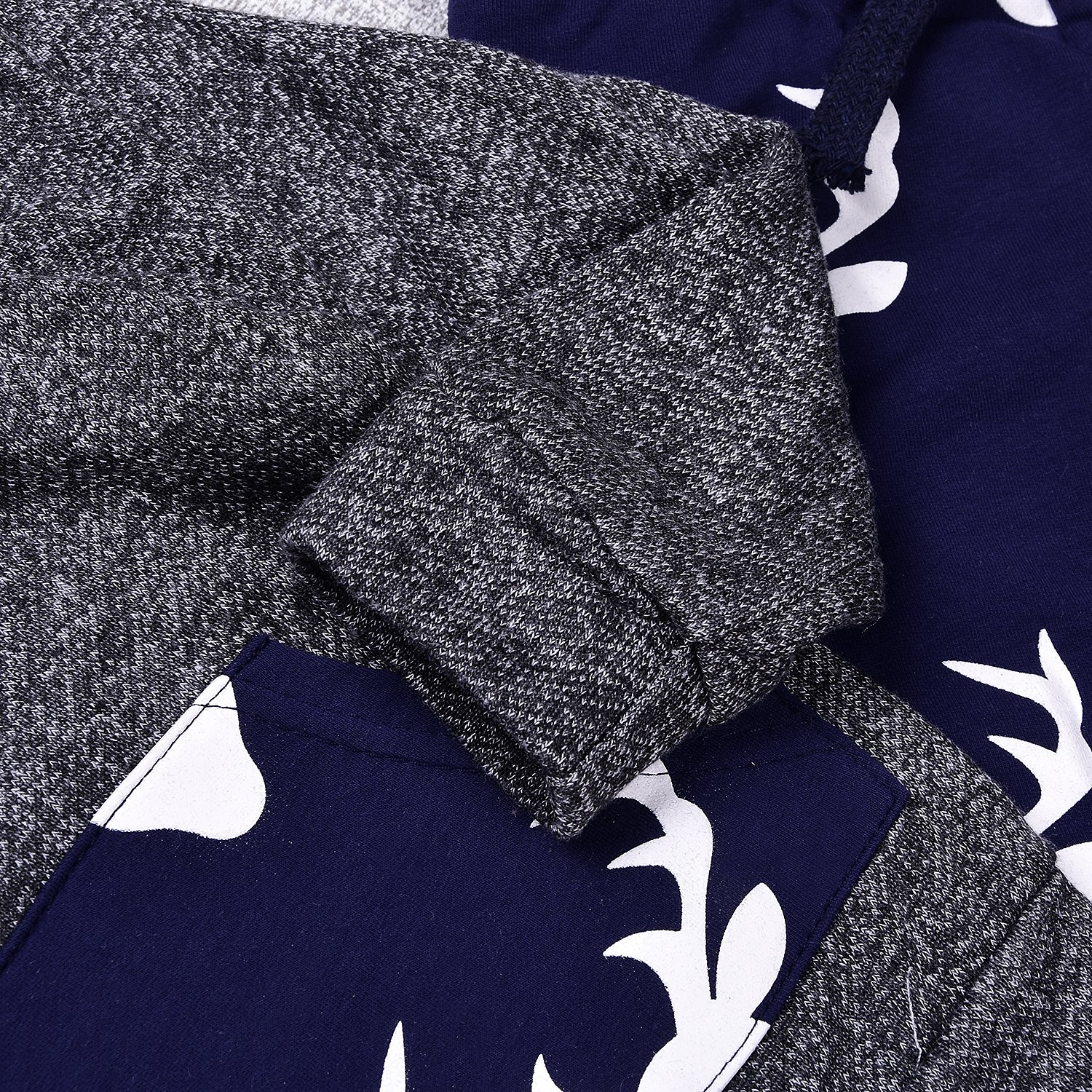 2PCs Baby Deer Print Hoodies with Pocket Top + Striped Long Pants Autumn Outfit Set (6-12M(Tag80), Grey&Dark Blue)