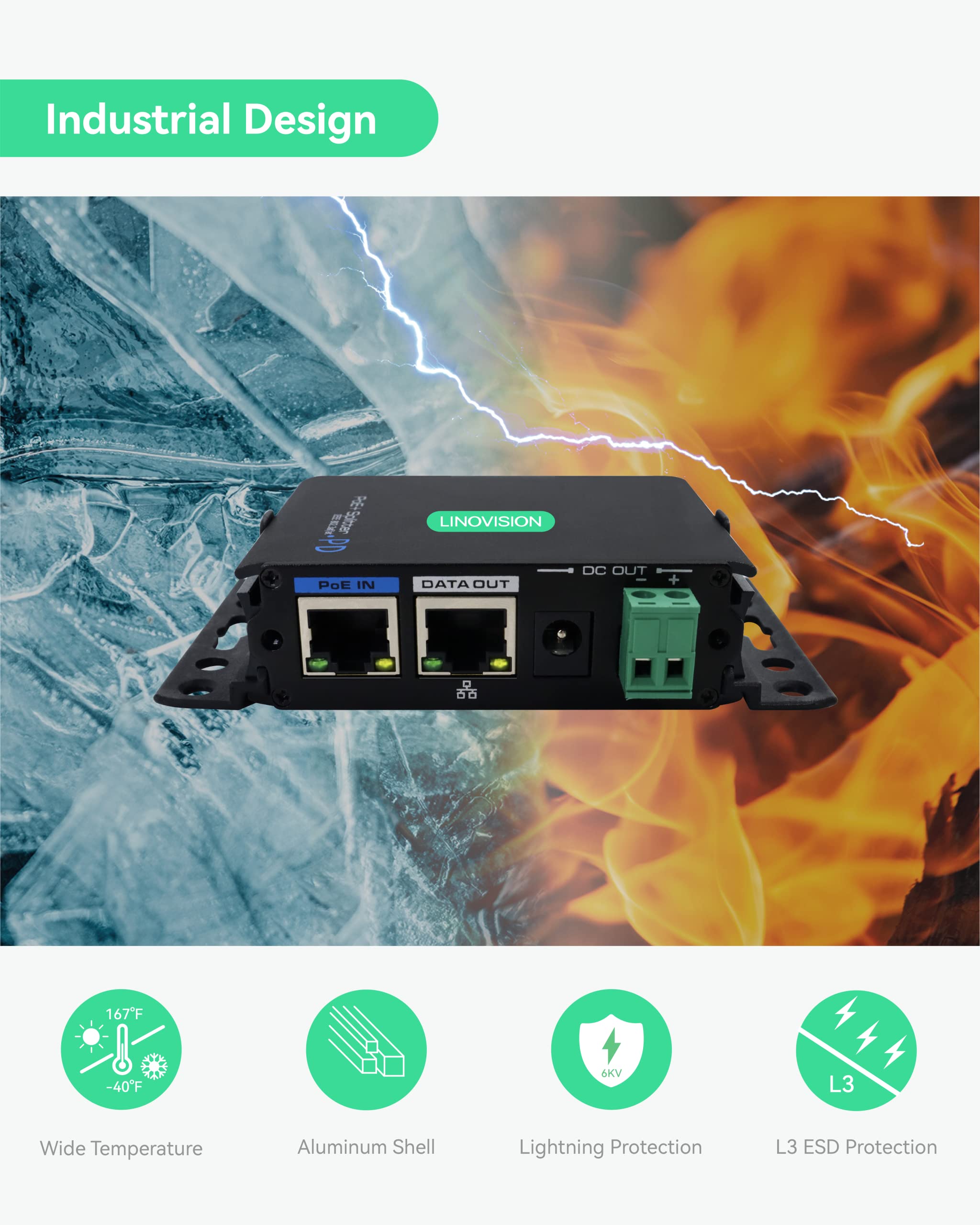 LINOVISION Industrial Gigabit POE+ Splitter with DC12V/DC24V/ POE 24V Output, Wide Voltage Input, IEEE802.3af/at POE to DC Power Supply for Security Cameras, Access Control Systems