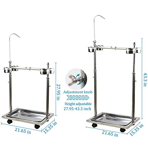 Ozzptuu Metal Bird Feeder Stand Adjustable Height Rolling Bird Perch Play Stand Parrot Playstand with Universal Wheels and Feeding Bowls