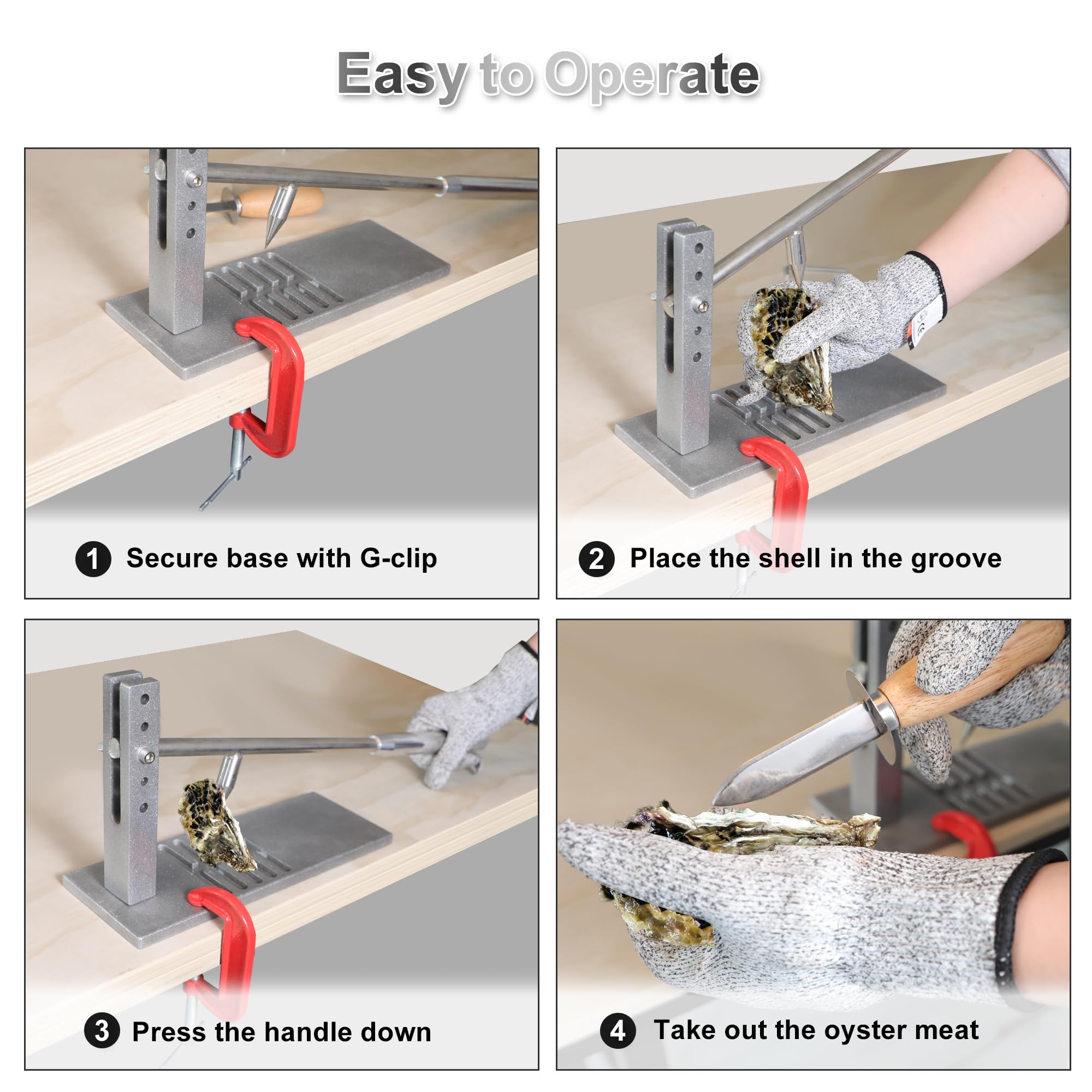Oyster Shucker Tool Oyster Clam Opener Machine with 5 Adjustable Height, Stainless Steel Shucker Machine Tool Set Including Knife, Glove & G-Clip for Hotel Buffet and Home