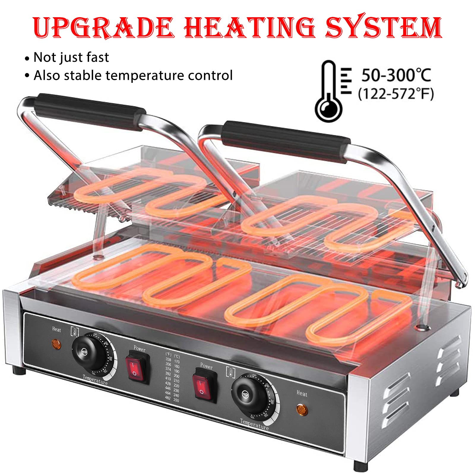 Bavnnro 110V Commercial Sandwich Machine,Commercial Sandwich Panini Press,Power 2x1800W,Temperature Control 122°F-572°F,Commercial Kitchen Equipment(Souble Grooved Plates)