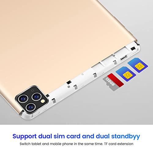 10in Tablet, Golden Tablet PC 4GB RAM 256GB ROM 1920x1080 5MP 8MP Camera 6000mAh Battery, Support WiFi, BT, GPS, Face Unlock and Storage Expansion