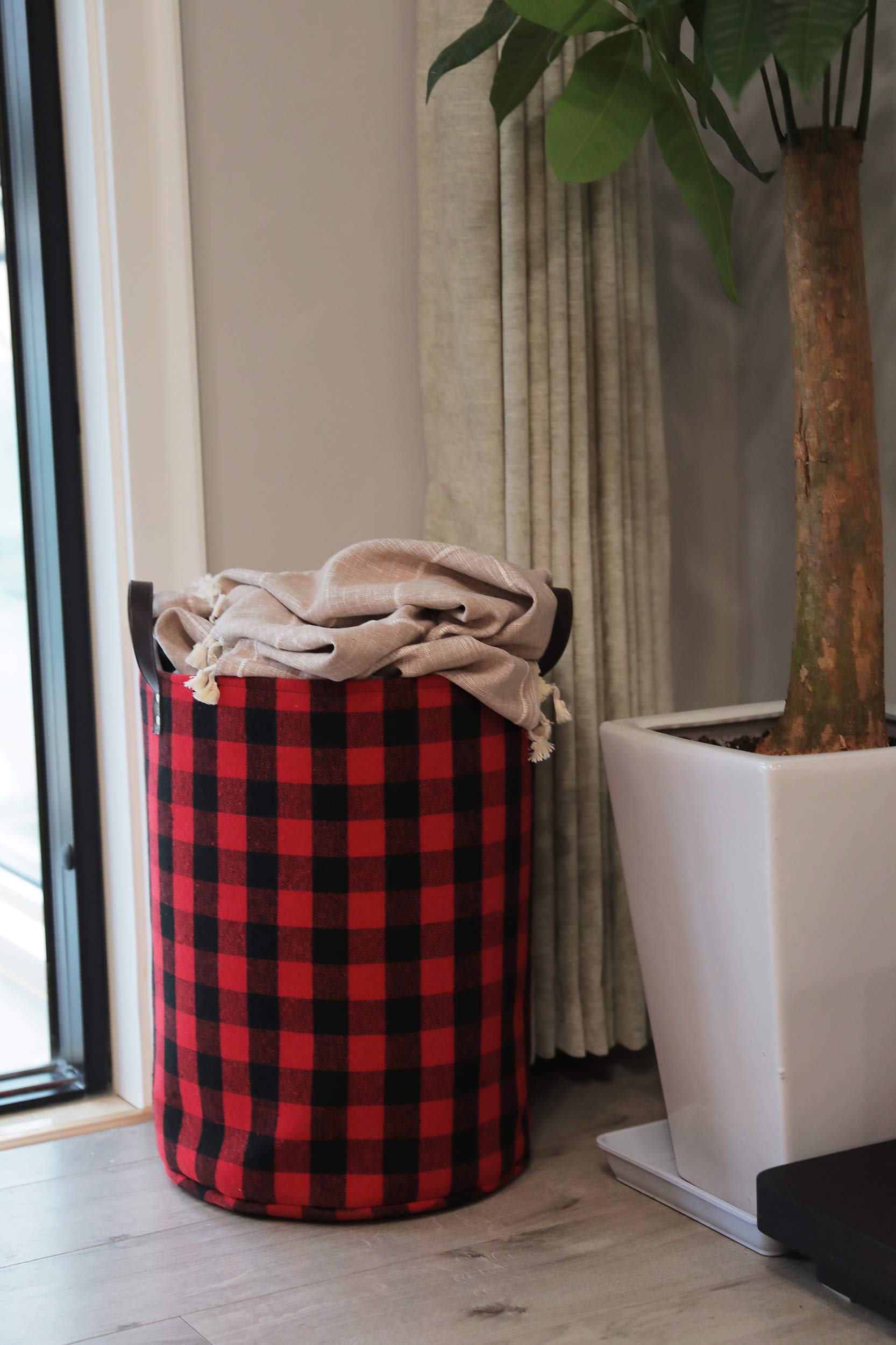 17.7" Large Collapsible Storage Basket with Leather Handles, Red Buffalo Plaid Woolen Fabric Foldable Tote Bags Round Home Decorative Organizer Bin