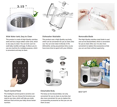Baby Food Maker & Steamer All in 1 Processor for Toddlers-Steam, Blend, Chop, Sterilizer, Puree, Warm Milk, 8 Oz Stirring Cup, Timer, Auto Shut-Off, 120V, Homemade Food, white, Small, 35 Oz