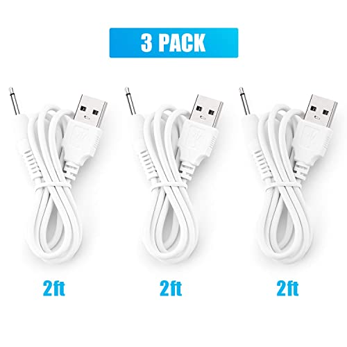 3 Pack Replacement DC Charging Cable 2.5mm with Fast DC USB Charger Cable Cord Adapter Technology for Universal Vibrating Wand Massagers and Toys, 2ft White