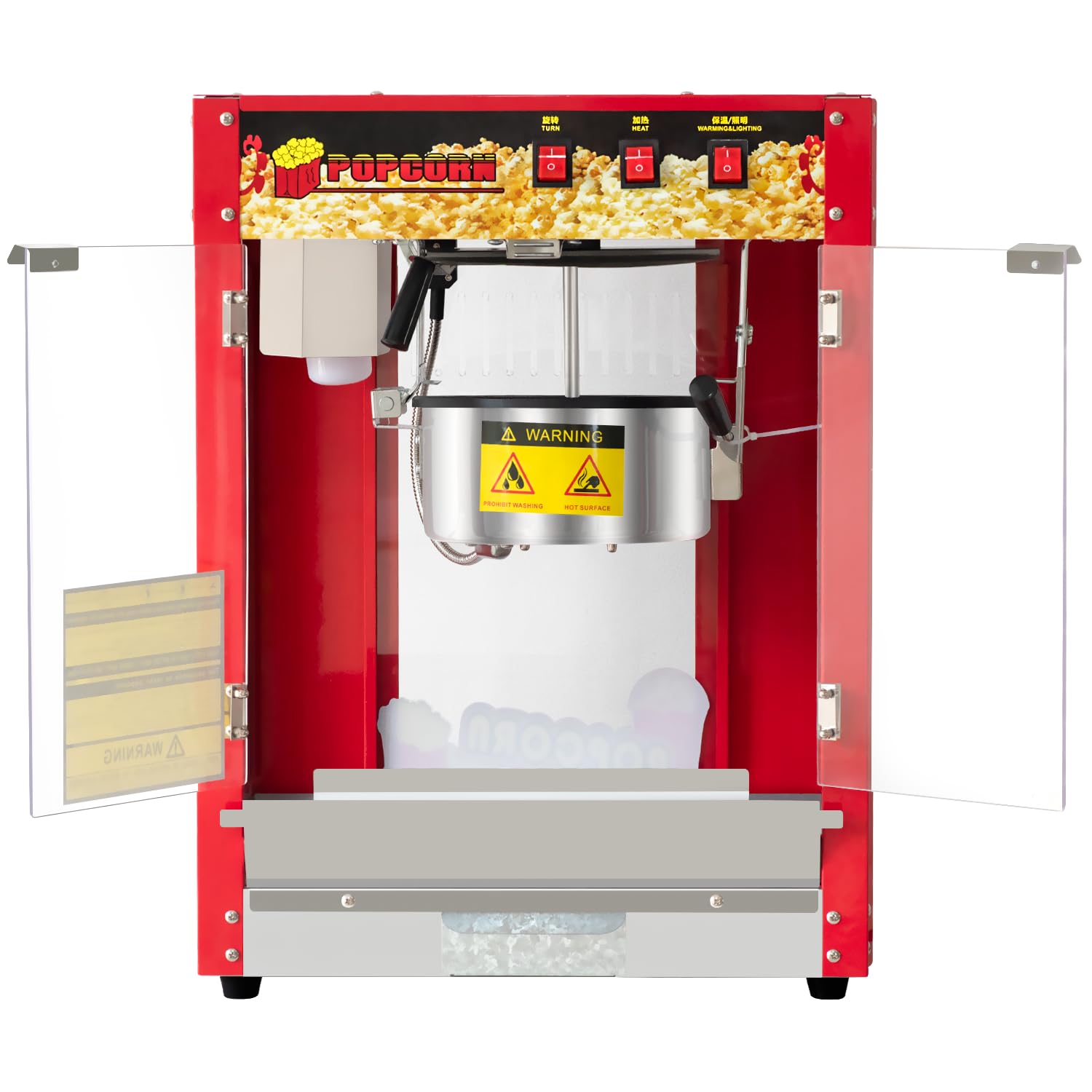 110V US Commercial Popcorn Machine, 8oz Popcorn Maker with Stainless-Steel Kettle,1400 W Countertop Popcorn Maker ,Movie Theater Popper with 3-Switch Control Steel Frame Acrylic Doors, Red