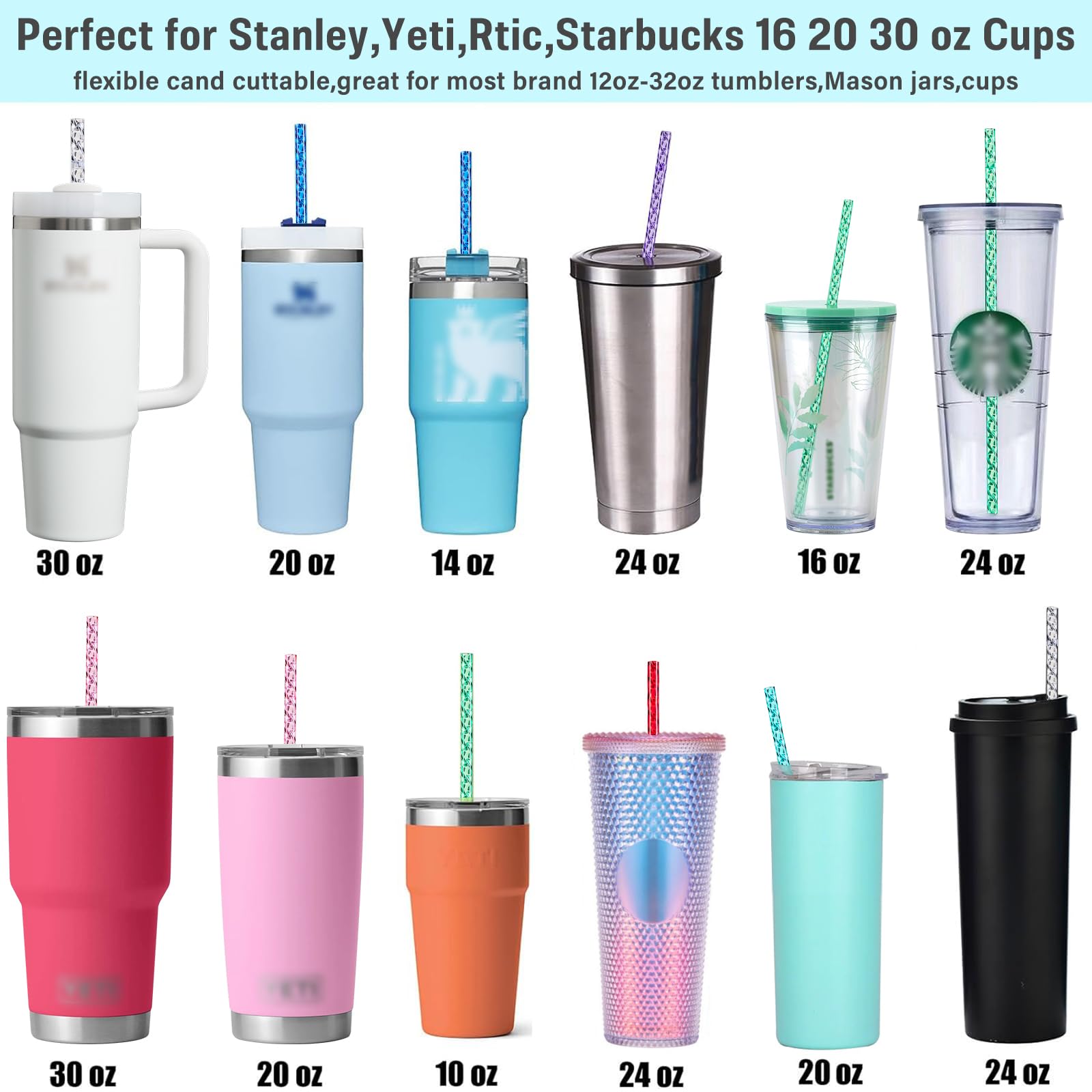 10 Pack Swirl Straws for Starbucks Tumbler, Reusable 11" Long Hard Plastic Shiny Crystal Tumbler Replacement Drinking Straws For 16 OZ 20 OZ 30 OZ Stanley, Yeti Tumblers With Cleaning Brush