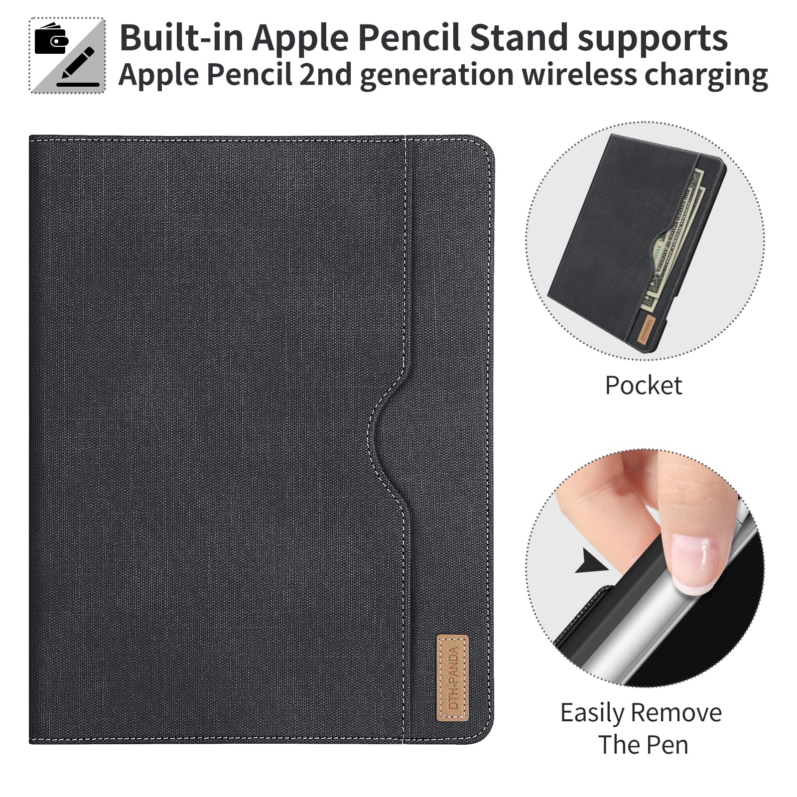DTH-PANDA iPad Pro 12.9 Case for 6th/5th/4th/3rd Generation Case 2022 2021 2020 2018 PU Leather with Pen Holder, Folio Stand with Soft TPU Back,Auto Sleep/Wake Function (Ash Brown) (Crow Black)