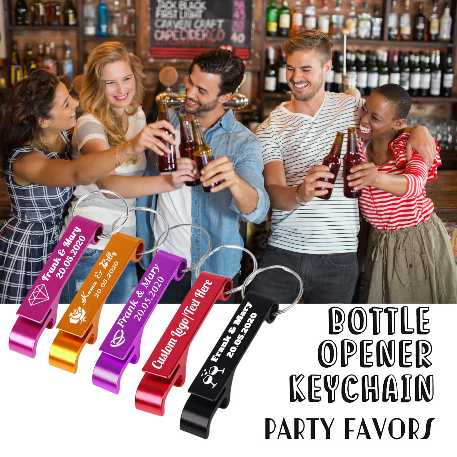 100PCS Personalized Bottle Opener Keychain Bulk Custom Beer Bottle Opener with Logo Text Engraved Wedding Bottle Opener Favors Customized Gifts for Guests Baby Shower Birthday Party-Assorted