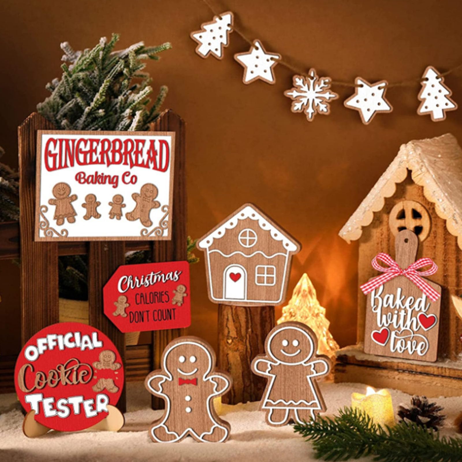 12PC Christmas Tiered-Tray-Decor, Wooden Signs Tabletop Gingerbread-Christmas-Decor for Christmas Party Home Kitchen