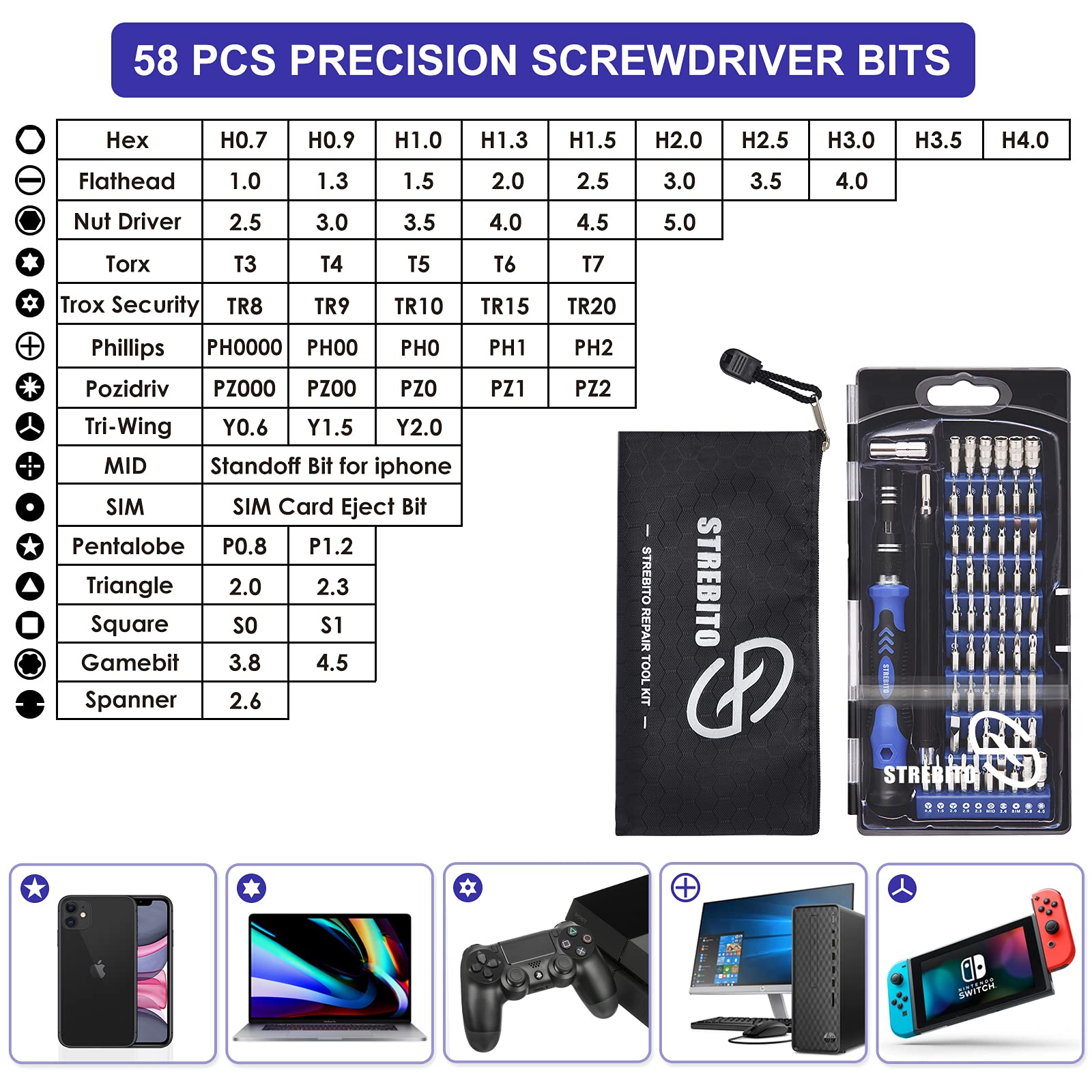 STREBITO Precision Screwdriver Set, 79 in 1 Screwdriver Kit with 58 Bits & Anti Static Wrist Strap, Magnetic Driver Electronics Repair Tool Kit for Computer, iPhone, Laptop, Cell Phone, Macbook, PS4/5