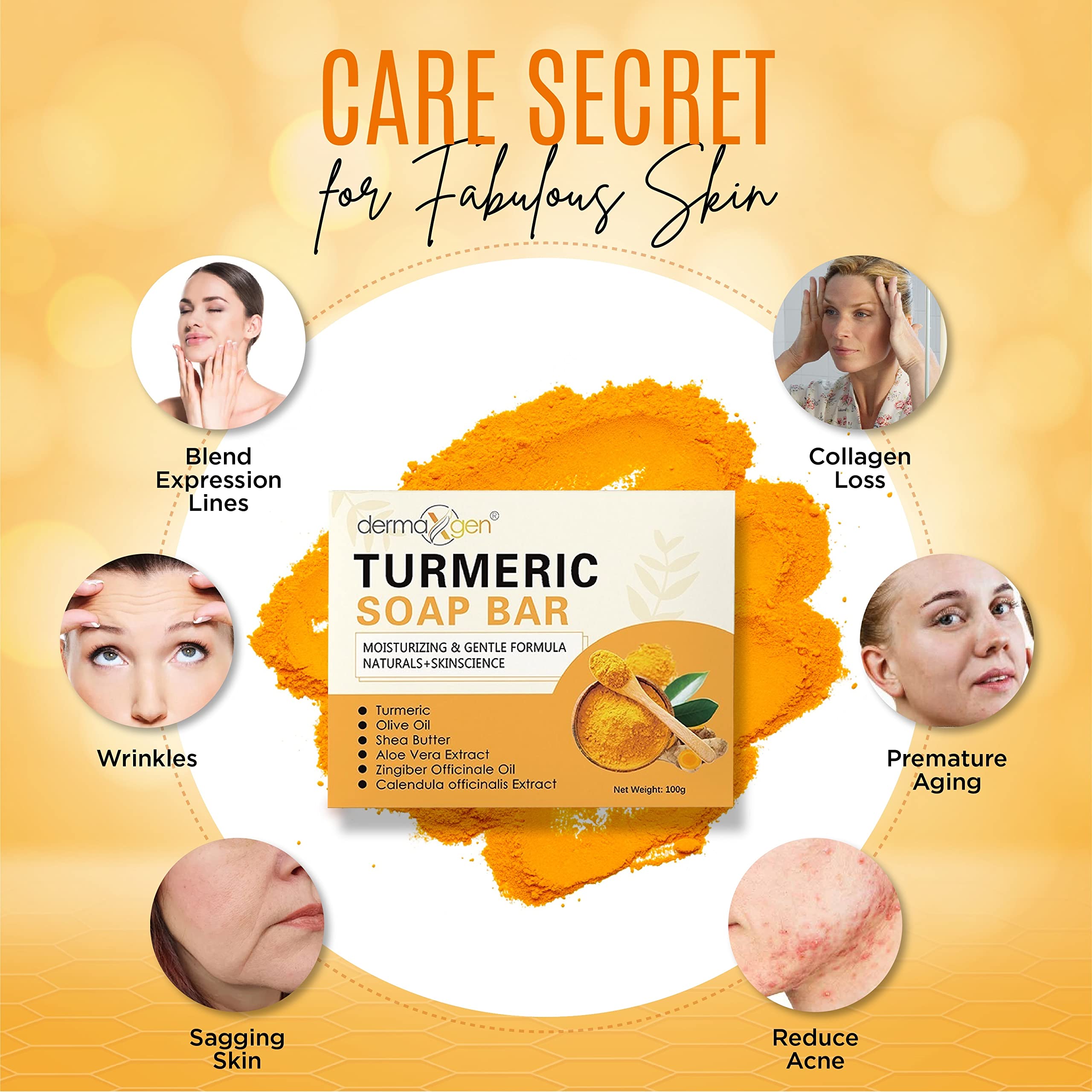 DERMAXGEN Organic Turmeric Soap Bar | Pure Natural Handcrafted Skincare, Face & Body Cleanser | Blemish Control, Reduce Acne, Evens Tone, Fades Scars, Sun Damage, Age Spots - 3.5 Oz