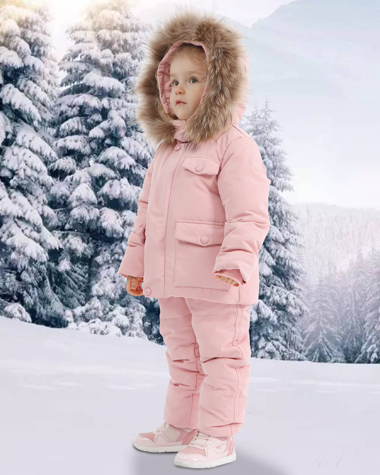 Toddler Girl Snowsuit 2Pcs Kids Down Jacket Winter Hooded Coat +Snow Bib Pants Kids Windproof Skiing Suit (3T/4T,Pink)