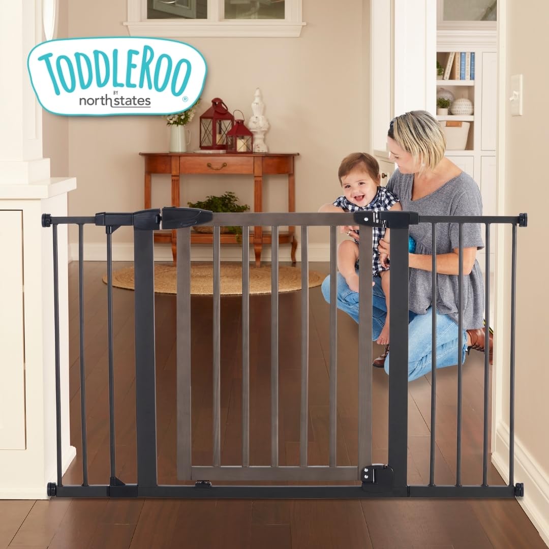 Toddleroo by North States Driftwood Extra Wide Auto Close Baby Gate: Self-Closing Child Gate with Hold-Open Feature. Pressure Mounted Baby Gate, Fits 29.75β to 52β Wide. (30" Tall, Graphite and Wood)