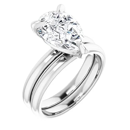 10K Solid White Gold Handmade Engagement Ring 3 CT Pear Cut Moissanite Diamond Solitaire Bridal Wedding Ring Set for Her Women Minimalist Anniversary Propose Gifts