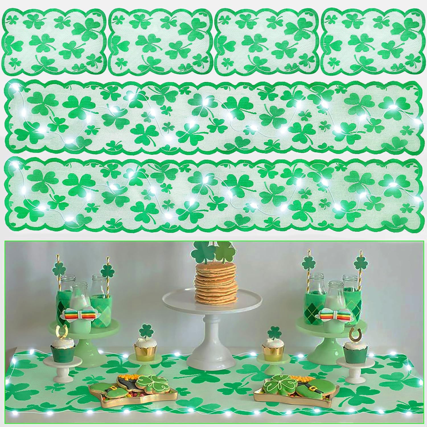 6PCS St Patricks Day Decorations Table Runners Placemats Saint Shamrock Green Lace Embroidered Irish Clover Party Decor Supplies,with 2 Light Strips
