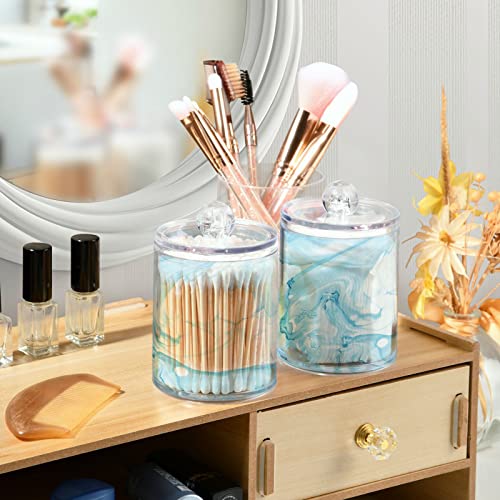 2 Pack Qtip Holder Organizer Dispenser Light Blue Marble Bathroom Storage Canister Cotton Ball Holder Bathroom Containers for Cotton Swabs/Pads/Floss