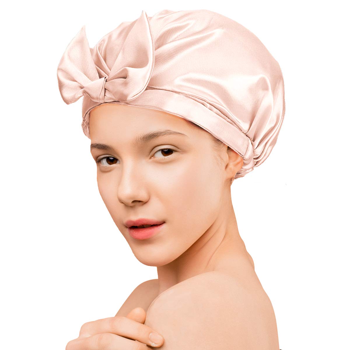 Auban Extra Large Shower Cap, Bowknot Double Layer Reusable Bath Hair Caps With Silky Satin for Women Beauty Bathing, Hair Spa, Home Hotel Travel Use (Beige)
